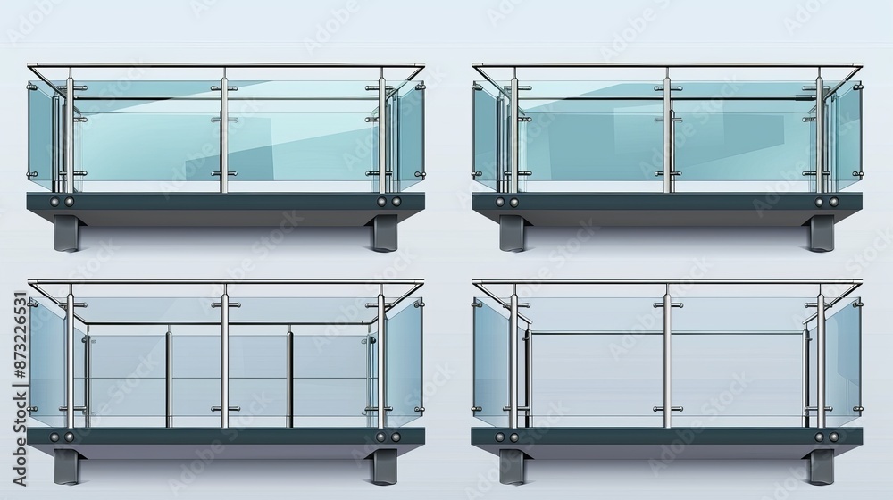 Realistic wire fence, glass, and metal balcony railings. transparent ...