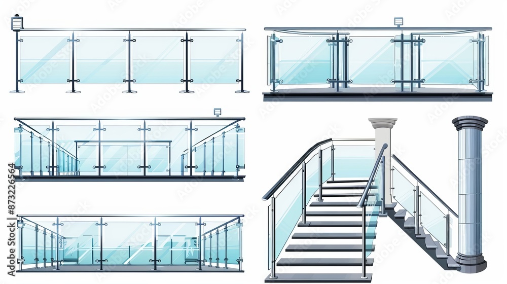 Realistic wire fence, glass, and metal balcony railings. transparent ...