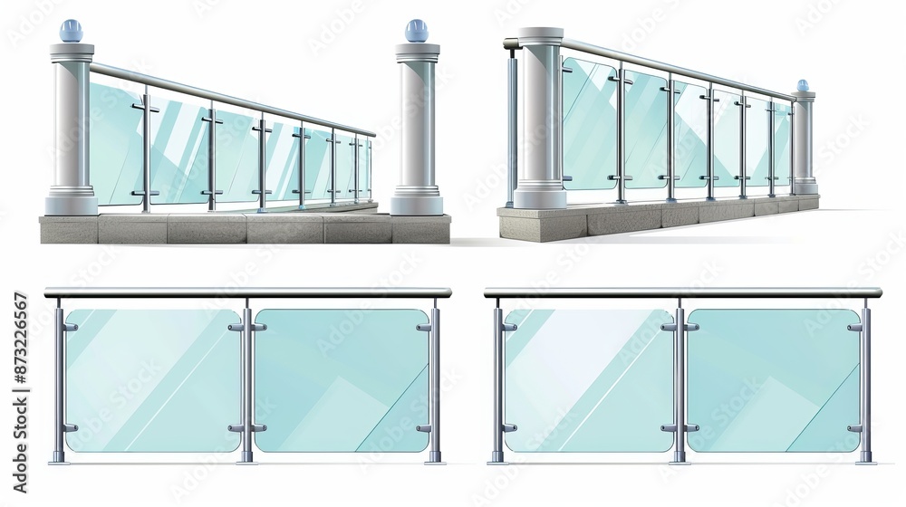 Realistic wire fence, glass, and metal balcony railings. transparent ...