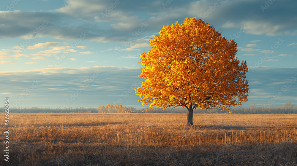 Árvore decídua solitária ergue-se alta em meio ao farfalhar de folhas ...