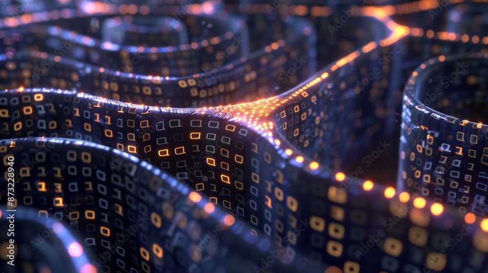 Illustration of a 3D artificial neuron representing artificial intelligence. Binary code walls ...