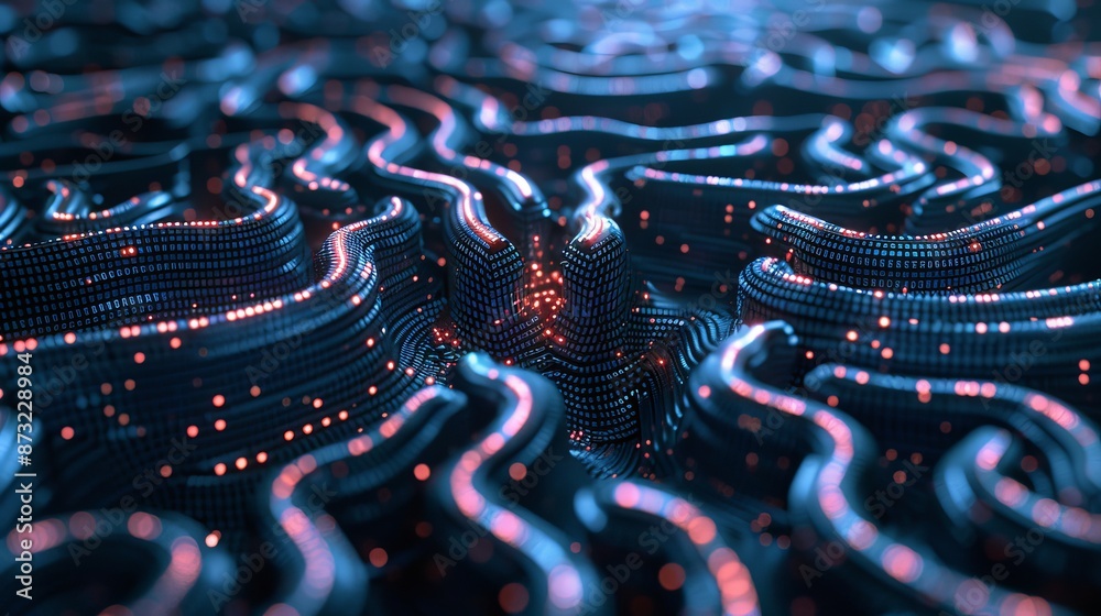 Illustration of a 3D artificial neuron representing artificial intelligence. Binary code walls ...