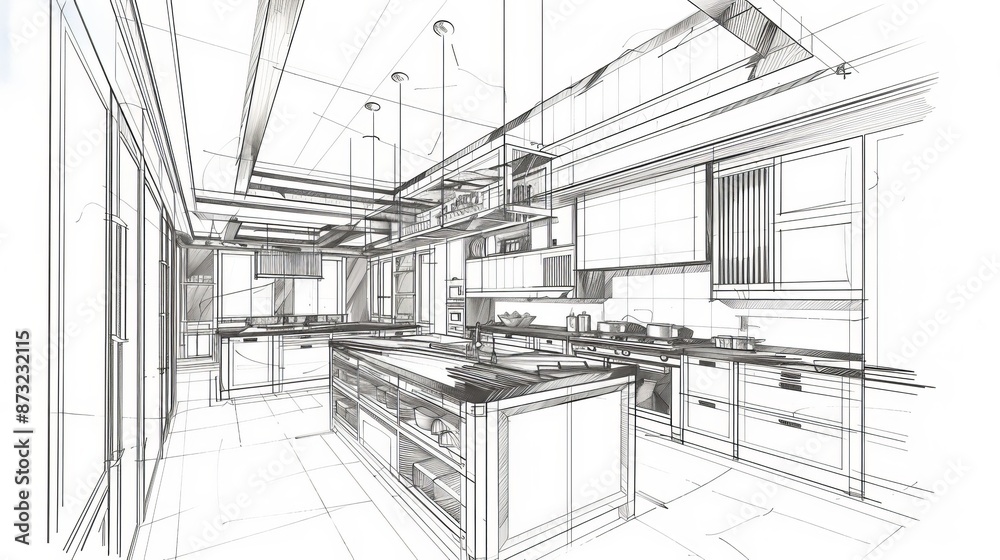 Draw by hand the layout of a kitchen island. Perspective view of a ...