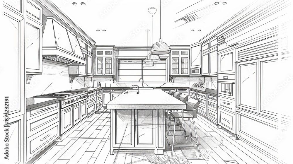 Draw by hand the layout of a kitchen island. Perspective view of a ...