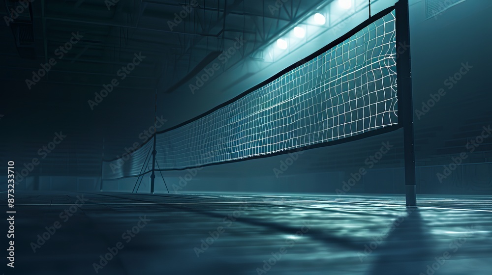 A sports theme is depicted on an indoor volleyball court, featuring an ...