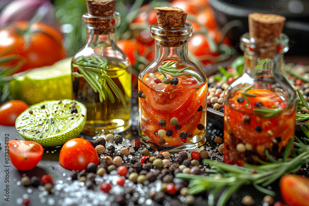 Three glass bottles of different colored liquids sit on a table with a ...