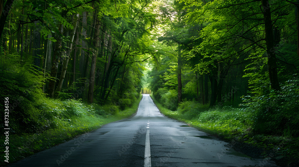 carretera en medio del bosque rodeada de pinos y arboles frondosos al ...