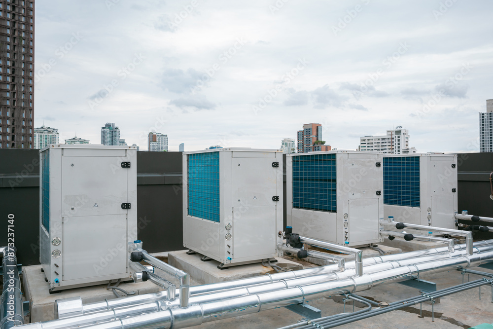 Air conditioner compressor installed in old building. Outdoor split ...