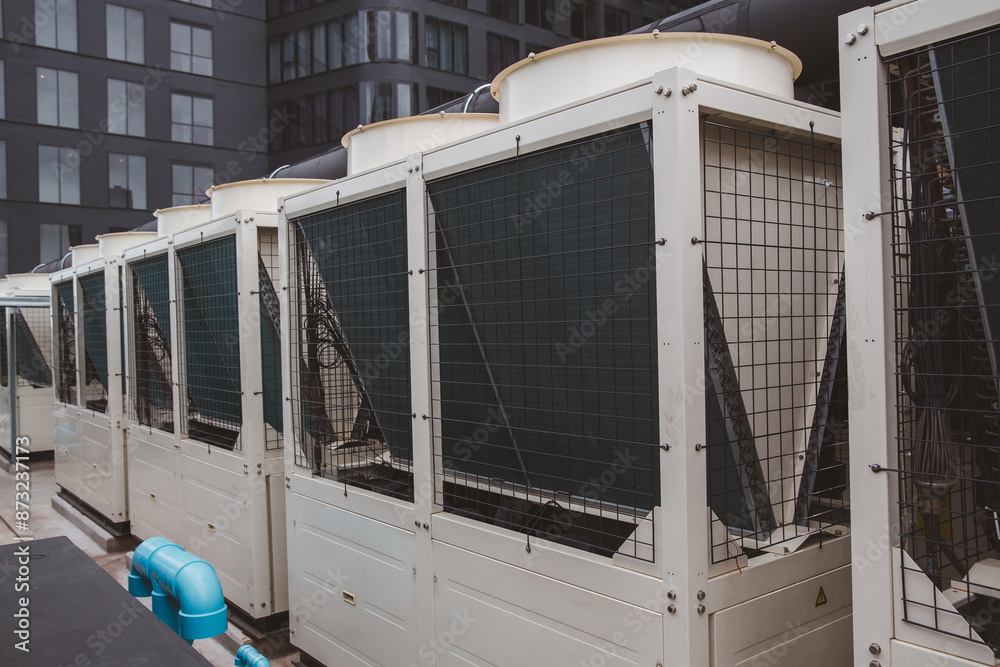 Air conditioner compressor installed in old building. Outdoor split ...