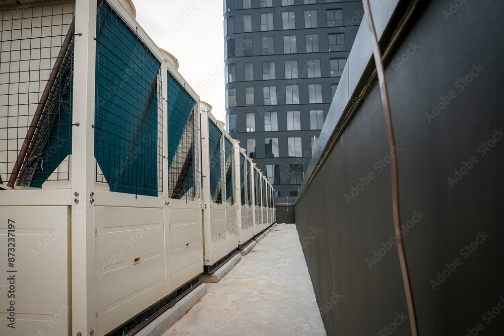 Air conditioner compressor installed in old building. Outdoor split ...