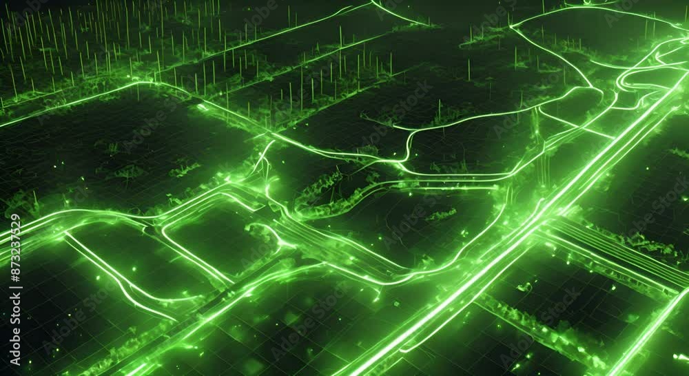 Smart grid with glowing green lines on dark showing renewable energy ...