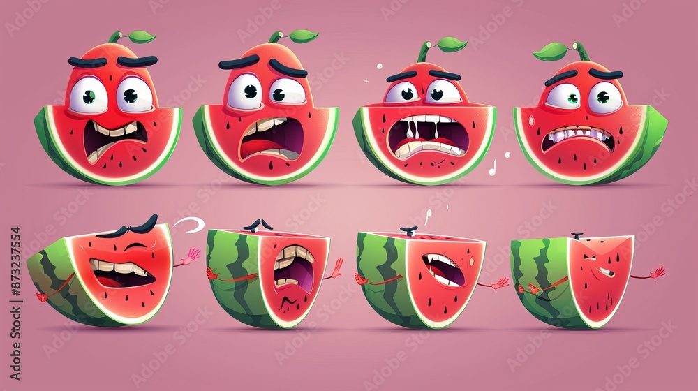 Watermelon Mascot Vector Cartoon Style with Various Emotions Set. A ...