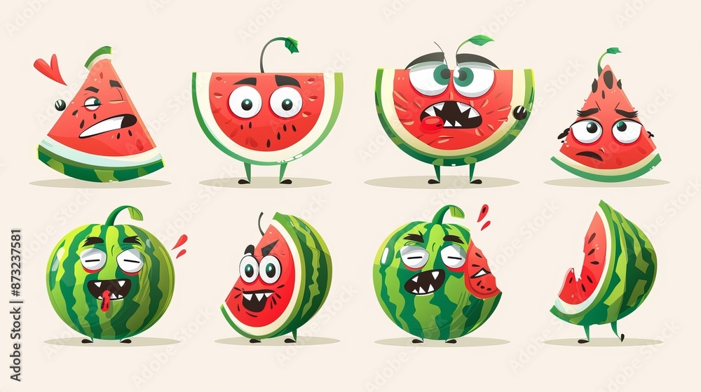 Watermelon Mascot Vector Cartoon Style with Various Emotions Set. A ...