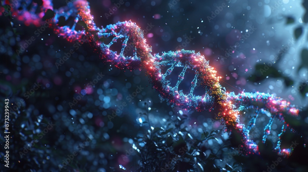 3D DNA symbiosis of 2 molecules, full color coded, dark background, C4D ...
