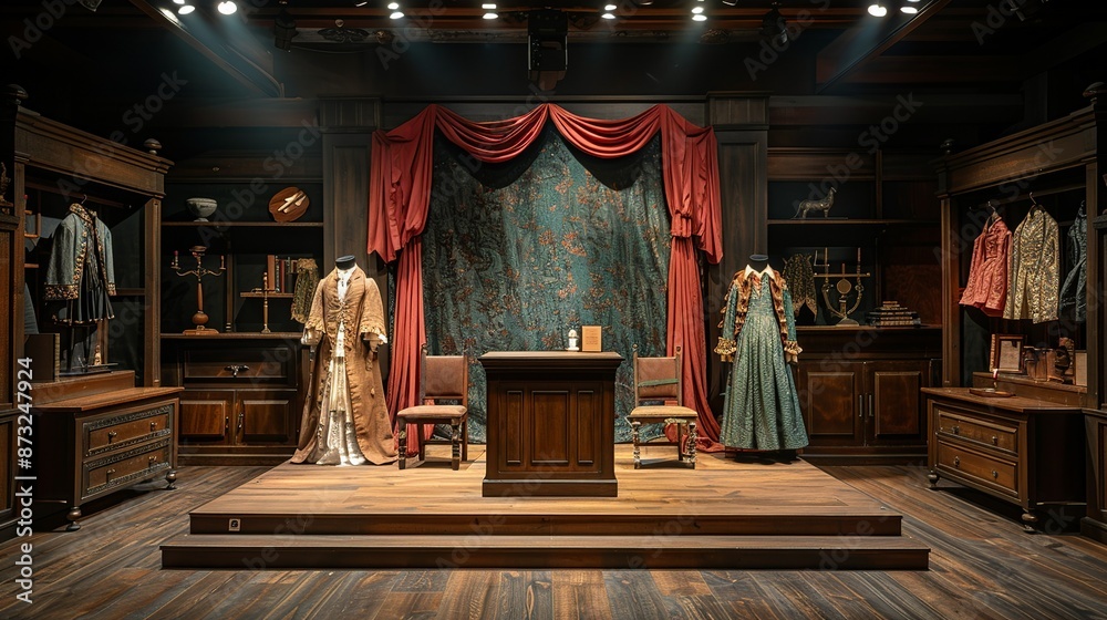 Historical reenactment stage podium with period costumes, historical ...