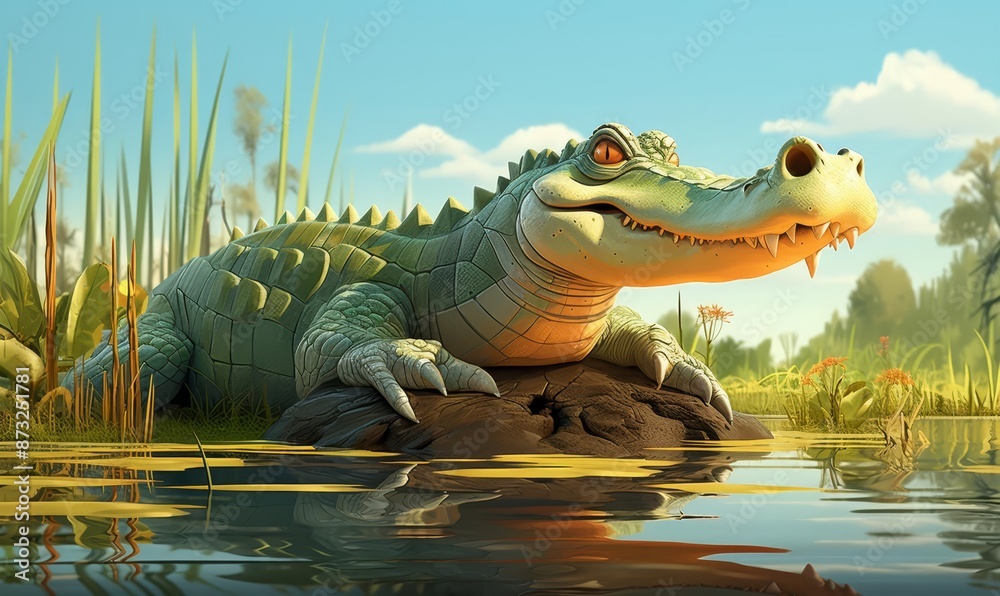 Alligator lying motionless flat design side view wetland theme 3D ...