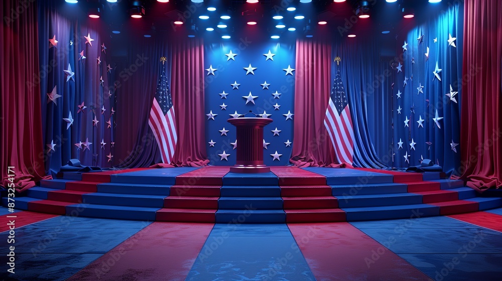 Political rally stage podium with political banners, rally crowd, and ...