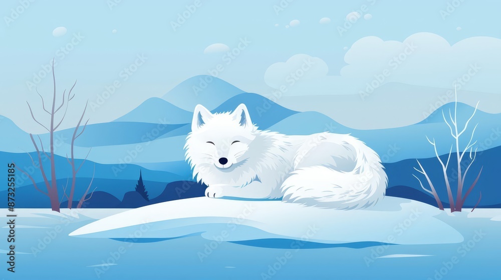 Arctic fox curled up in snow flat design side view tundra theme ...