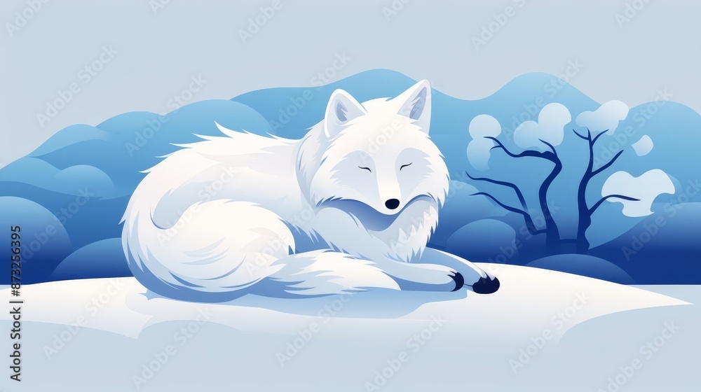 Arctic fox curled up in snow flat design side view tundra theme ...