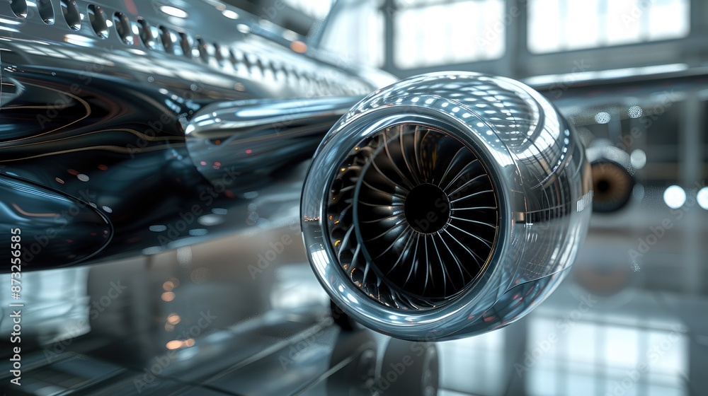 Silver airplane engine is on display in a hangar. The engine is shiny ...
