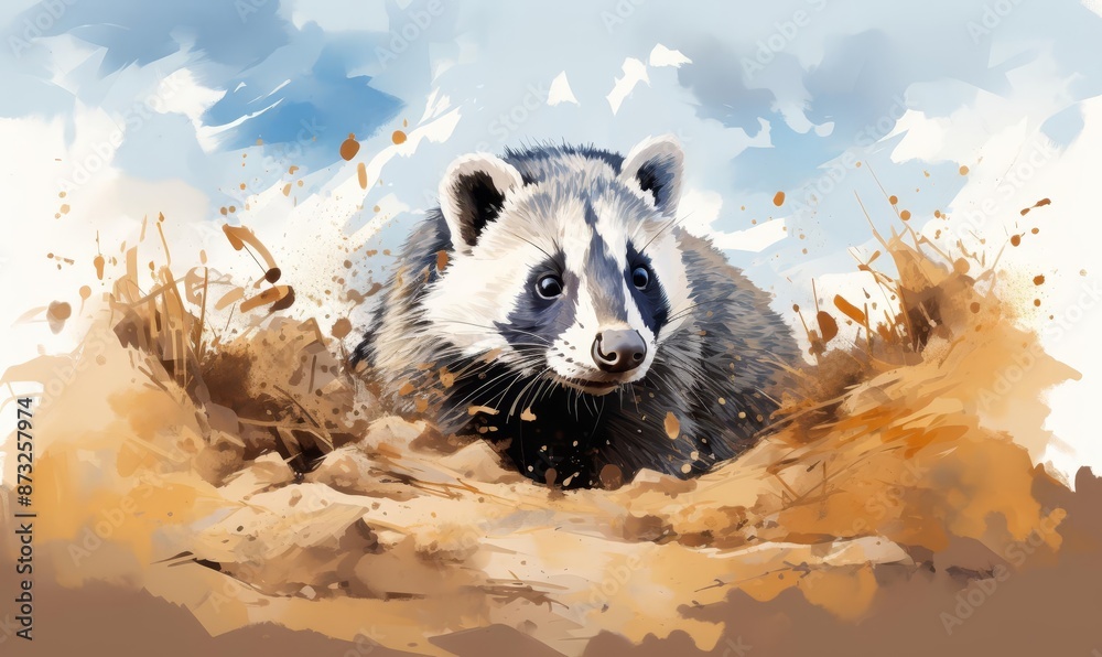 Badger burrowing earnestly flat design side view dirt mound water color ...