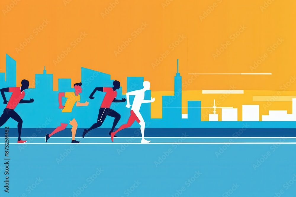 Vibrant illustration of diverse runners competing in a city marathon ...