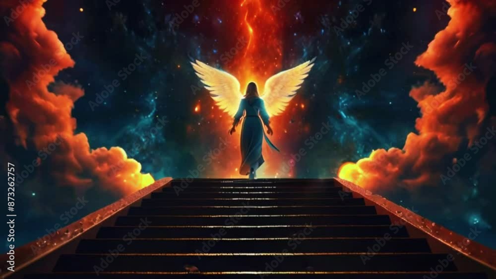 An angel descends from the heavens and guides the viewer up a sparkling ...