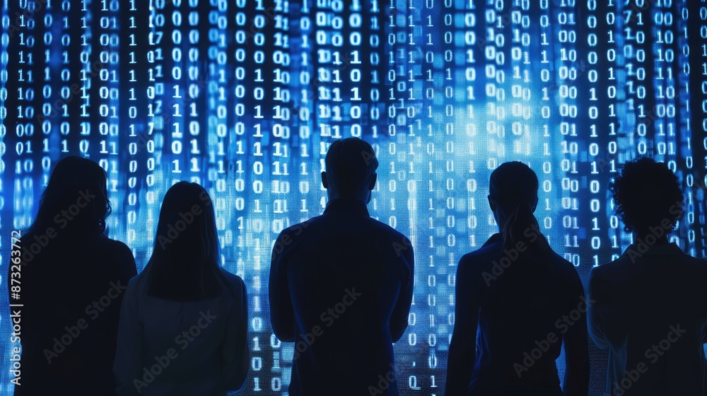 Team of artificial intelligence engineers silhouetted against screens ...