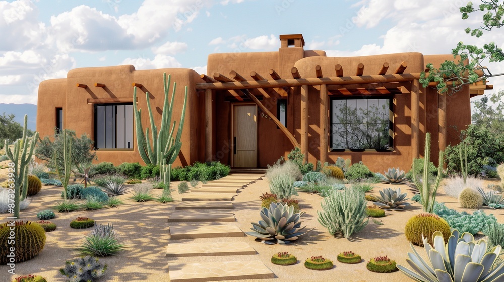 Stylish front design of a desert adobe house with earthy brown walls ...