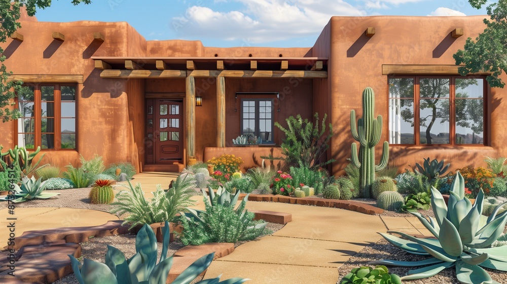 Stylish front design of a desert adobe house with earthy brown walls ...