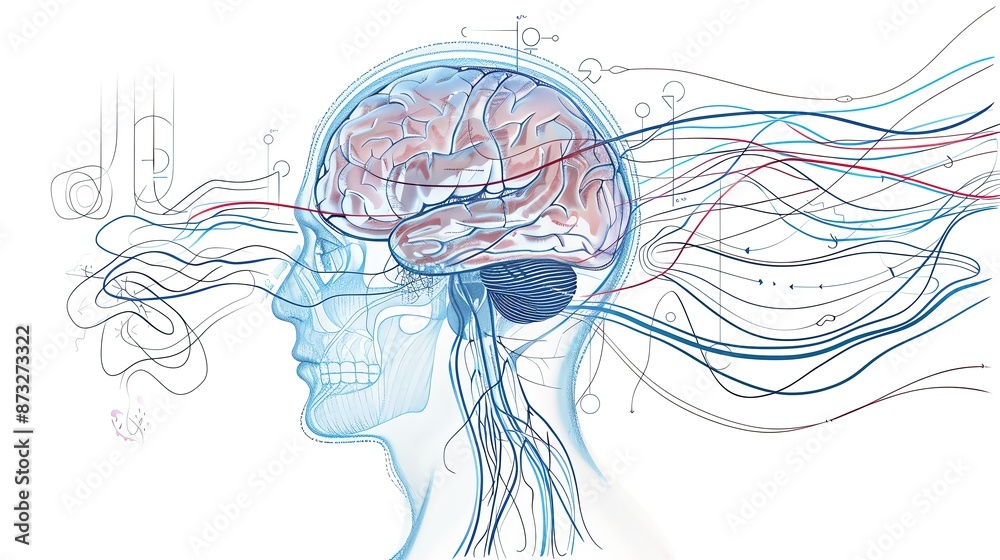 Illustration of the human brain highlighting neural pathways and ...