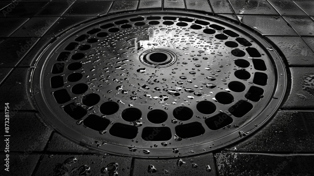 Close-up of a circular drain cover with water droplets. The drain is ...