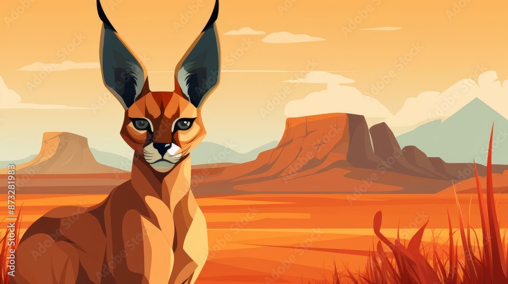 Caracal with ears twitching flat design front view desert theme ...