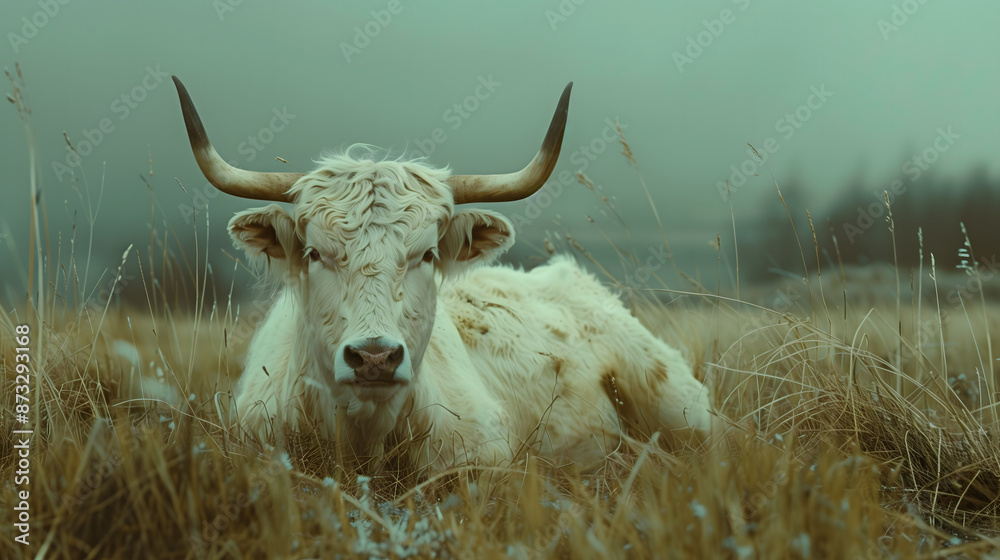 Vaca blanca tumbada en un prado Stock Illustration | Adobe Stock