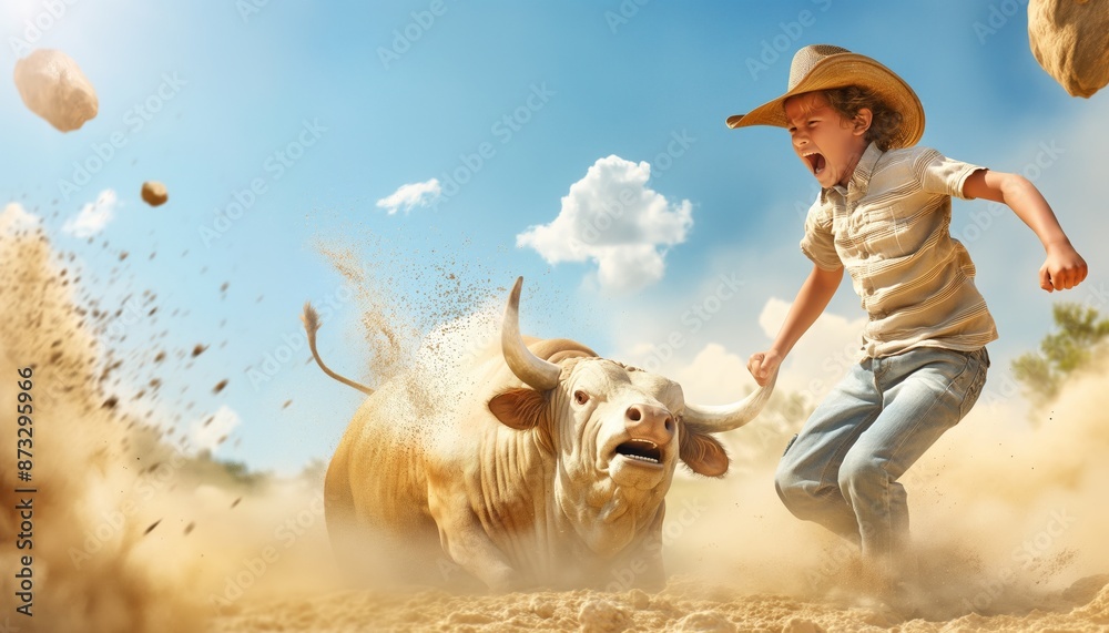 A cowboy in casual attire runs away from an angry bull in a dusty rodeo ...