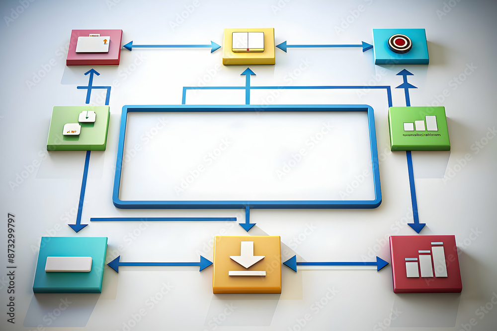 A 3D flowchart diagram with colorful icons and arrows connecting ...