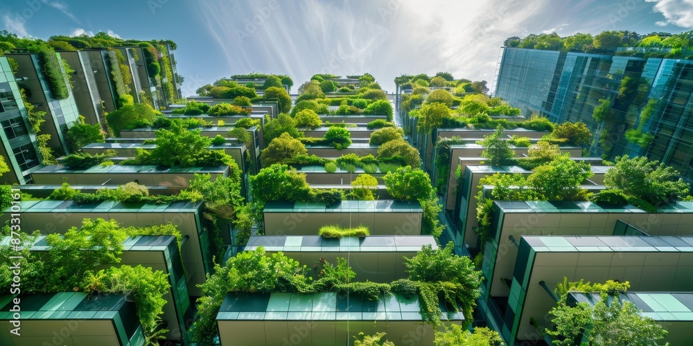 Low Angle View of Modern City with Sustainable Green Buildings and ...