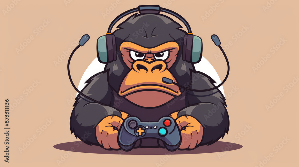A cute cartoon gorilla, holding a video game controller and wearing ...