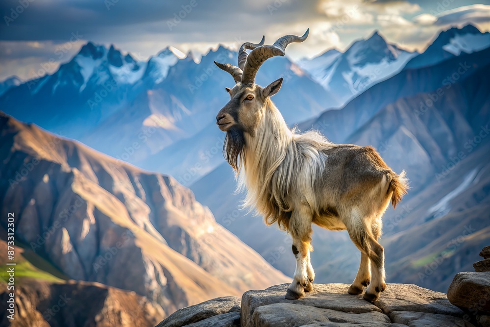 Majestic markhor with spiraling horns and a shaggy coat stands proudly ...