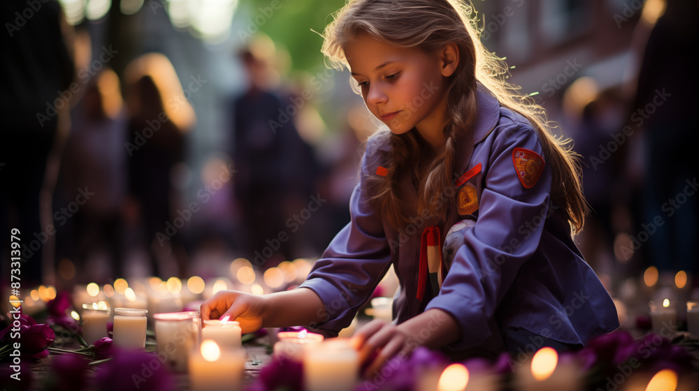 Girl wearing Girl Scout uniform Lighting candles on World Scout Day ...