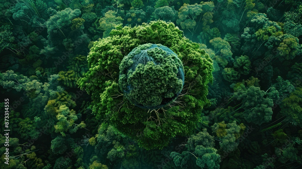 Aerial top view of green forest tree and global globe, Tropical rain ...