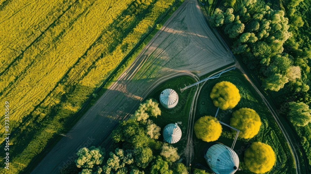 Biogas plant and farm in blooming rapeseed fields. Renewable energy from biomass. Aerial view to ...