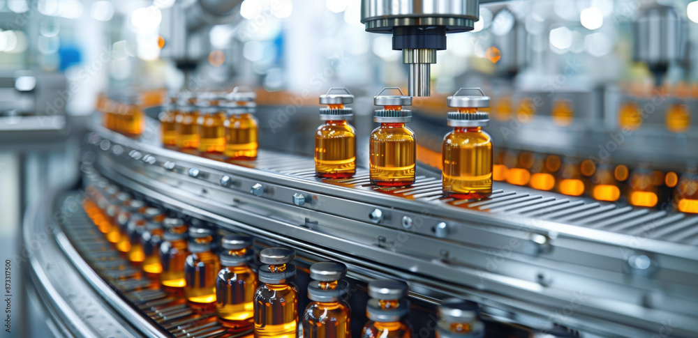 Drug manufacturing process. Conveyor with medical ampoules line at a ...