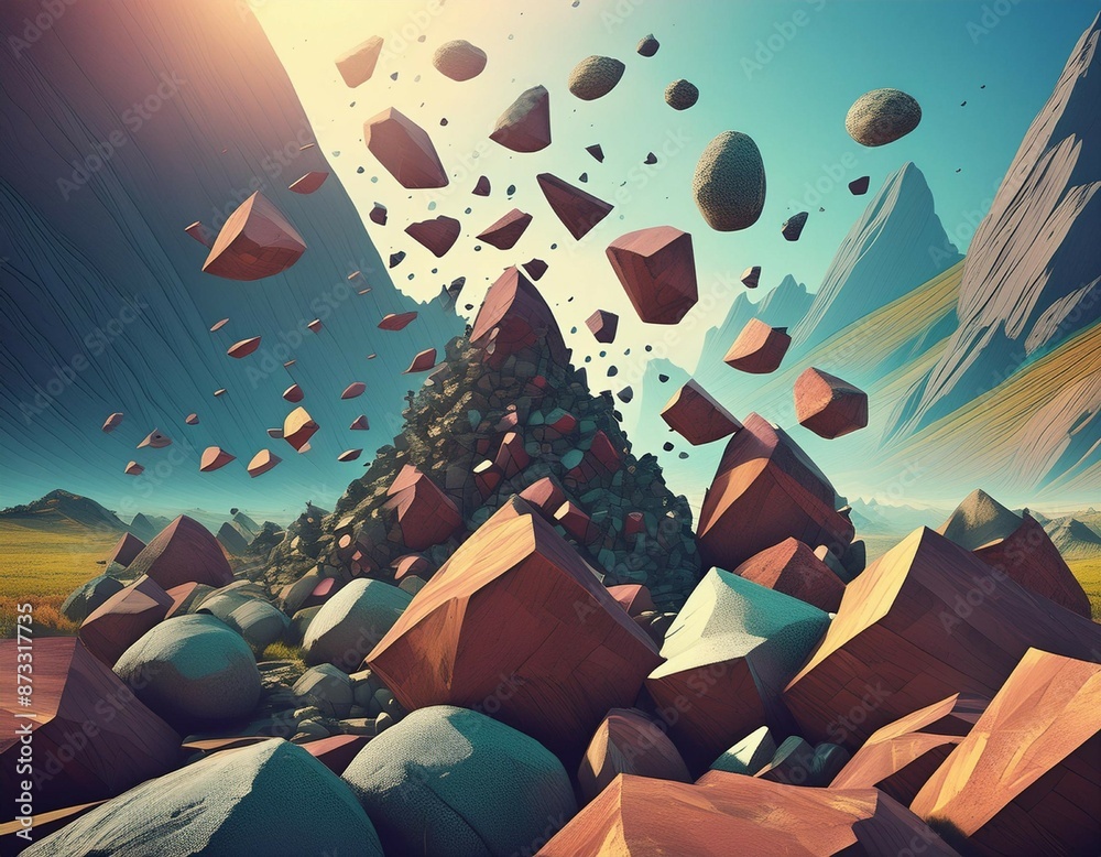 Dynamic scene of colliding stones. Abstract background for graphic ...