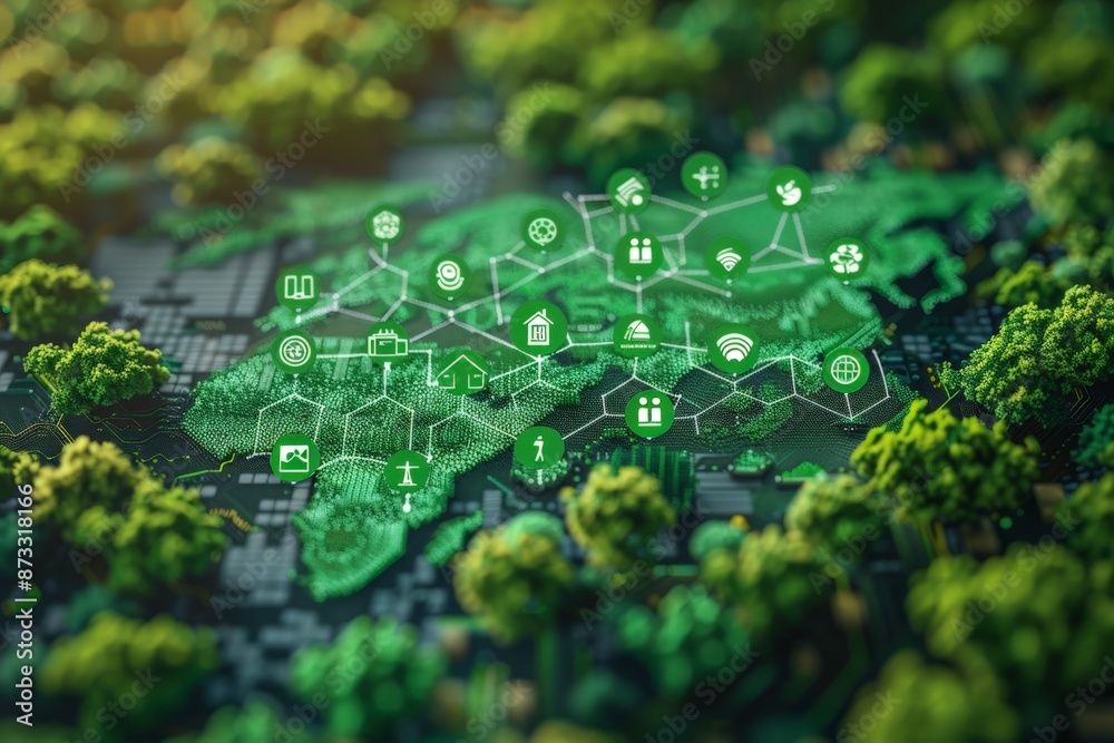 World map overlaid with icons for forests, renewable energy, and ...