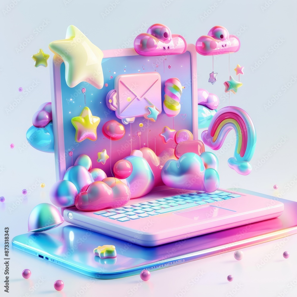 cute cartoon laptop setup with unicorn and rainbow, 3d Laptop ...