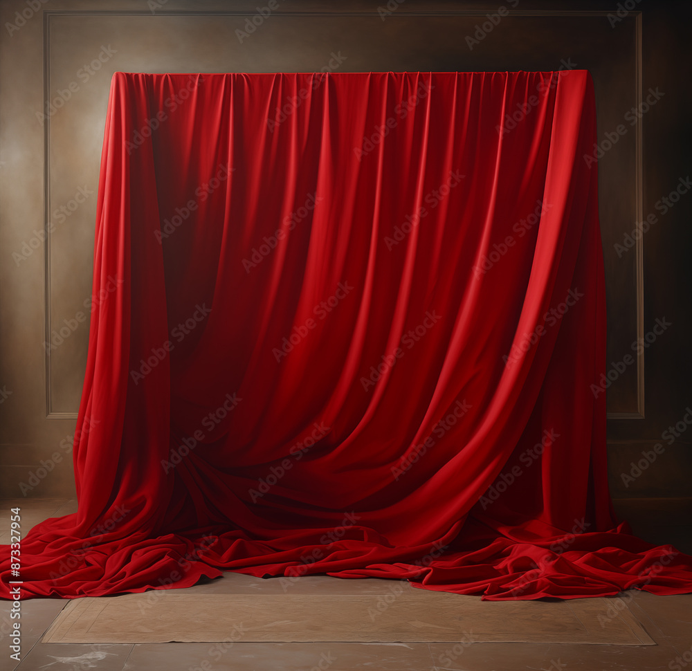 Red curtain draped over a mysterious box. A luxurious red silk curtain ...