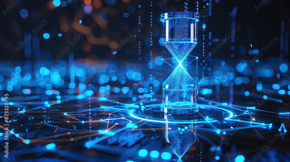 Futuristic digital hourglass surrounded by a glowing network ...