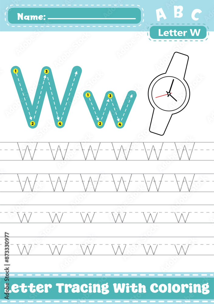 Letter W Uppercase Lowercase Tracing Worksheet with Coloring Apple ...