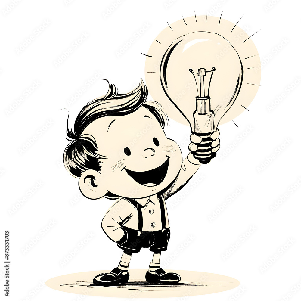 Happy cartoon character changing a light bulb, representing new ideas ...